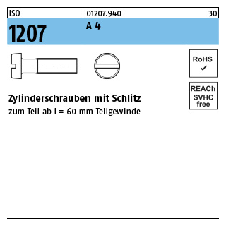 ISO 1207 A 4 Zylinderschrauben mit Schlitz - Abmessung: M 3 x 30, VE
