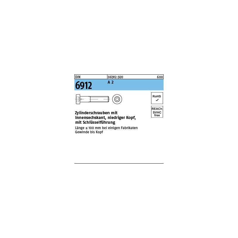 DIN 6912 A 2 Zylinderschrauben mit Innensechskant, niedriger Kopf, mi