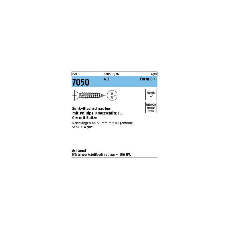 ISO 7050 A 2 Form C-H Senk-Blechschrauben mit Spitze, mit Phillips-Kr