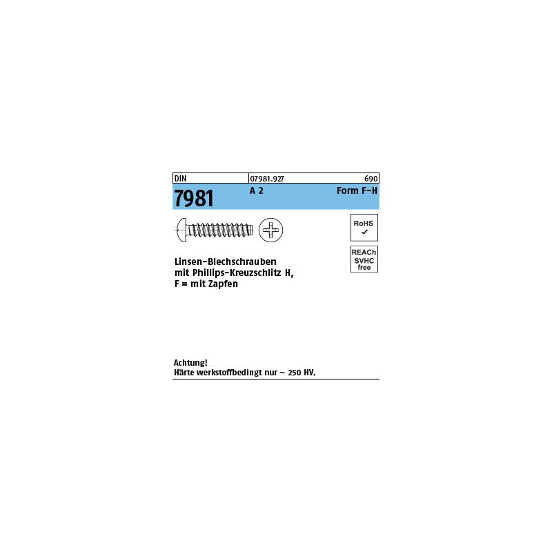 DIN 7981 A 2 Form F-H Linsen-Blechschrauben mit Zapfen, mit Phillips-