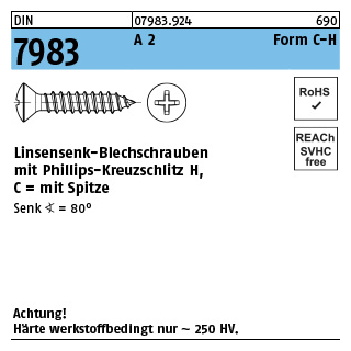 DIN 7983 A 2 Form C-H Linsensenk-Blechschrauben mit Spitze, mit Phill