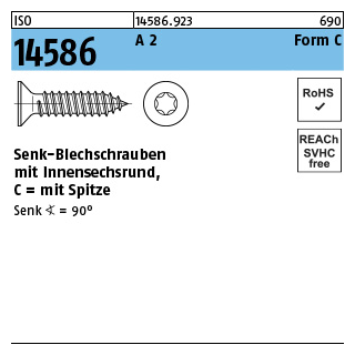 ISO 14586 A 2 Form C- ISR Senk-Blechschrauben, mit Spitze, mit Innens