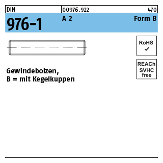 DIN 976-1 A 2 Form B Gewindebolzen, mit Kegelkuppen - Abmessung: BM 1