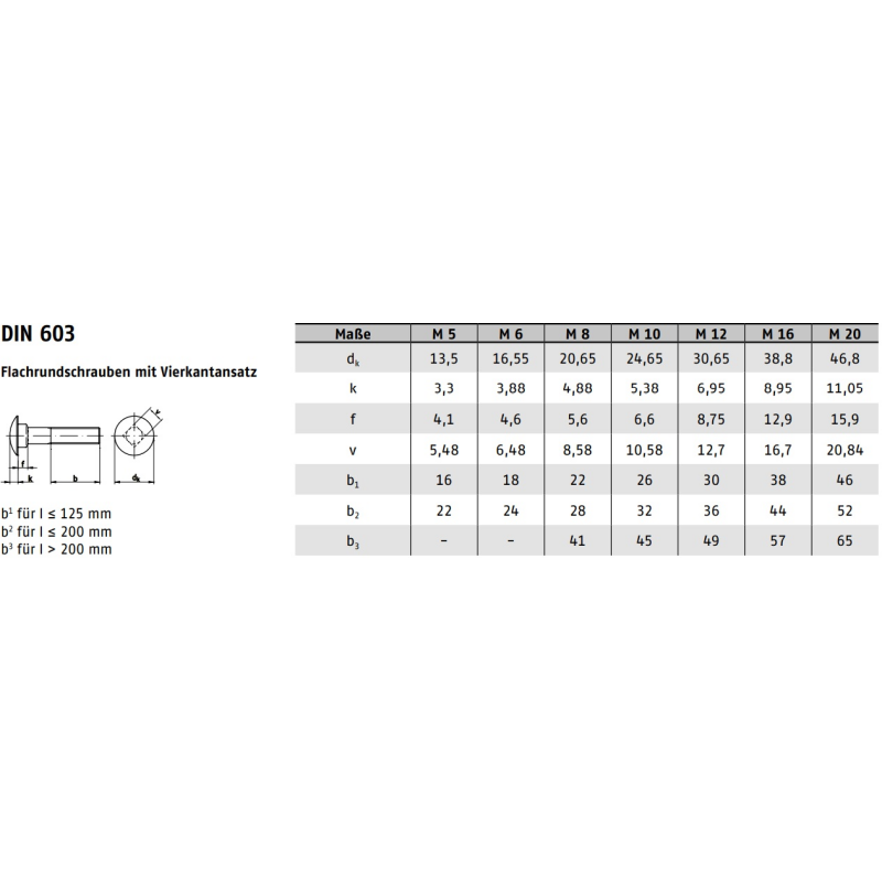 DIN 603 A4 Vollgewinde Flachrundschrauben mit Vierkantansatz - Abmess